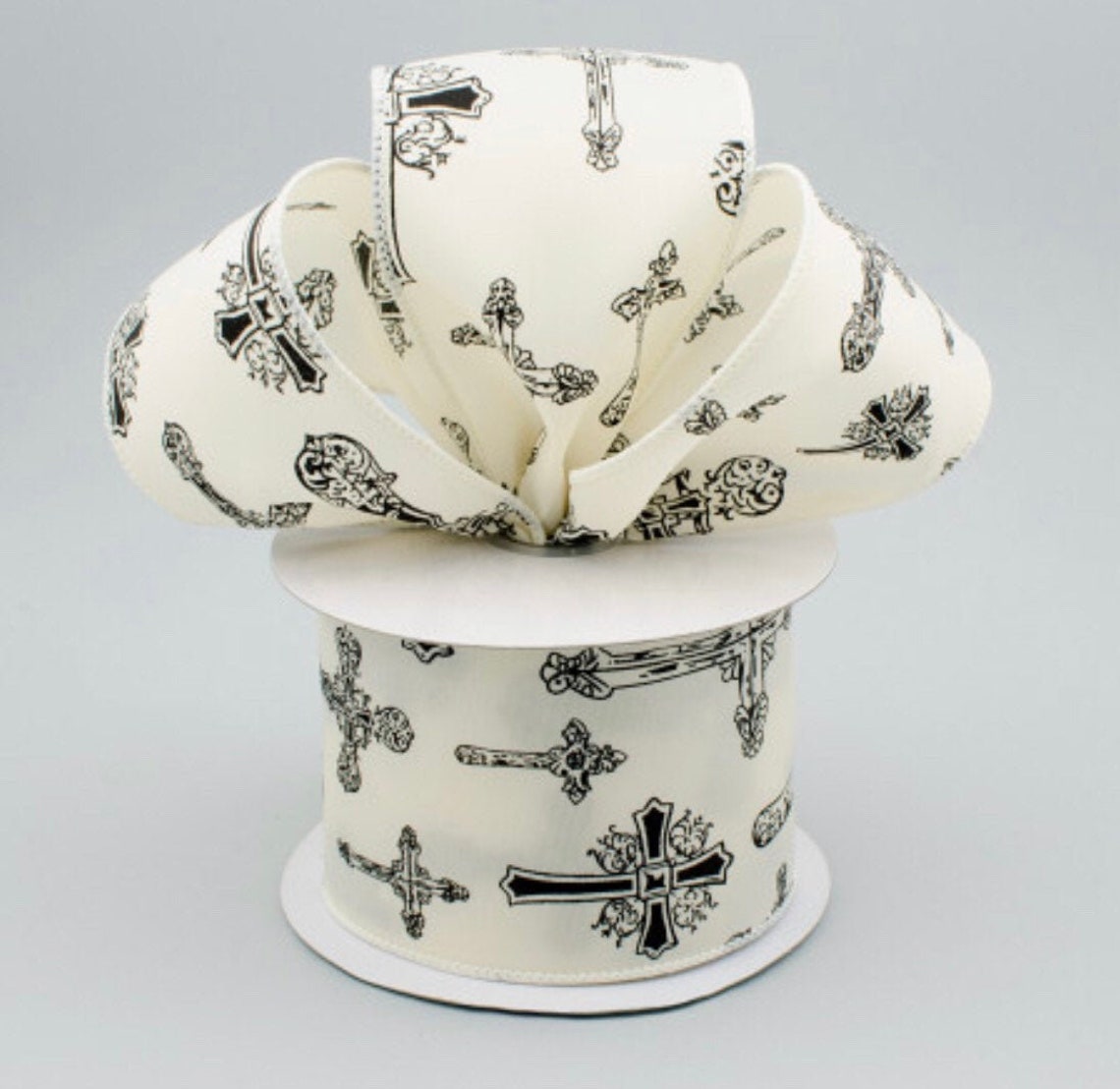 IVORY SATIN Ornate Cross Wired Ribbon Assorted BLACK Crosses 2 - Etsy