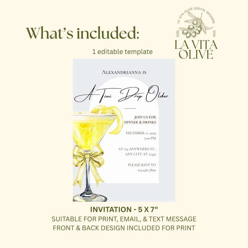 Elegant Lemon Drop Birthday Invite | Tini Drop Older Birthday Invite ...