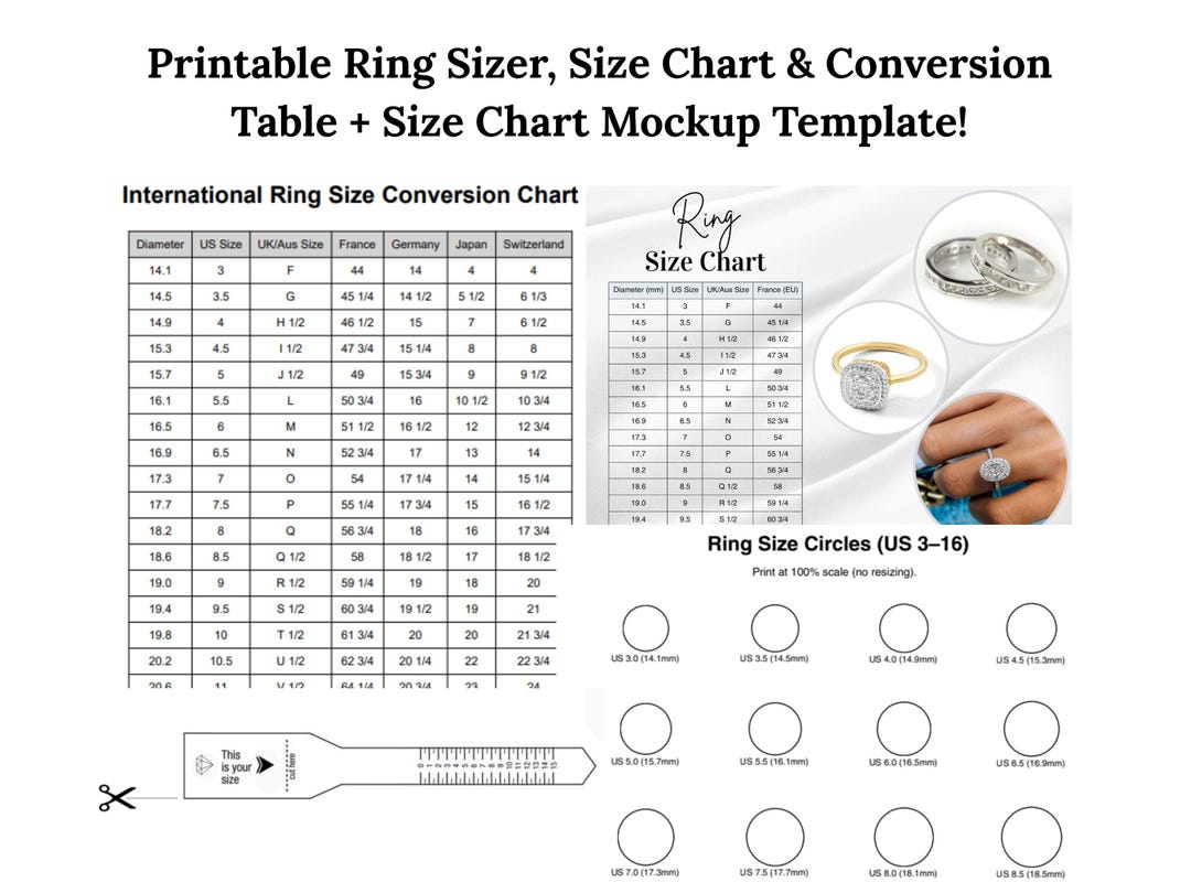 Printable Ring Size Chart & Sizer, International Conversion Table ...