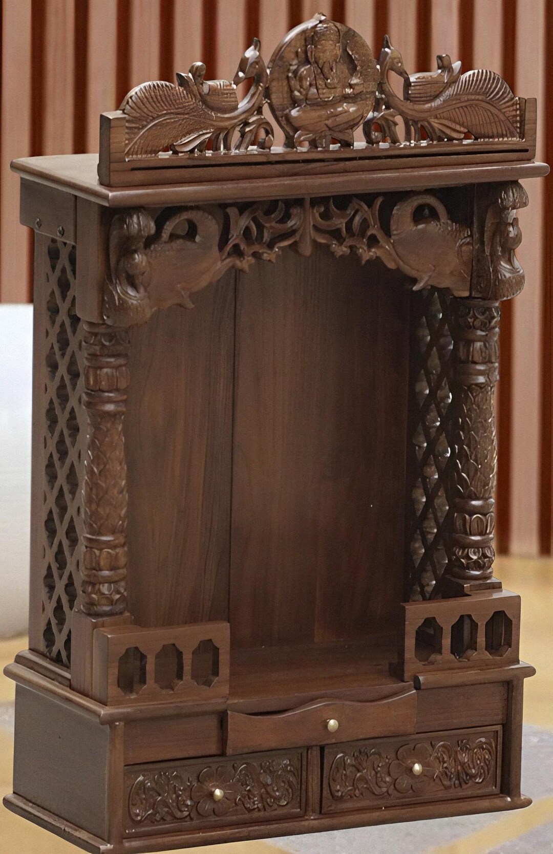 Wooden Temple, Shrine Cabinet With Drawers, Hand Carved Design ...