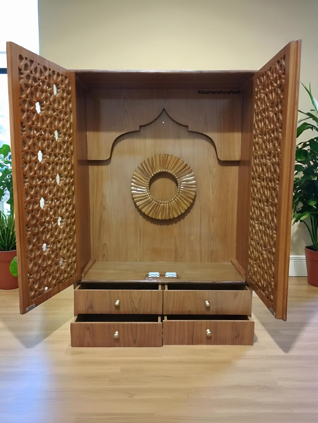 Wooden Prayer Cabinet Carved Doors Lattice Design Customizable Home ...