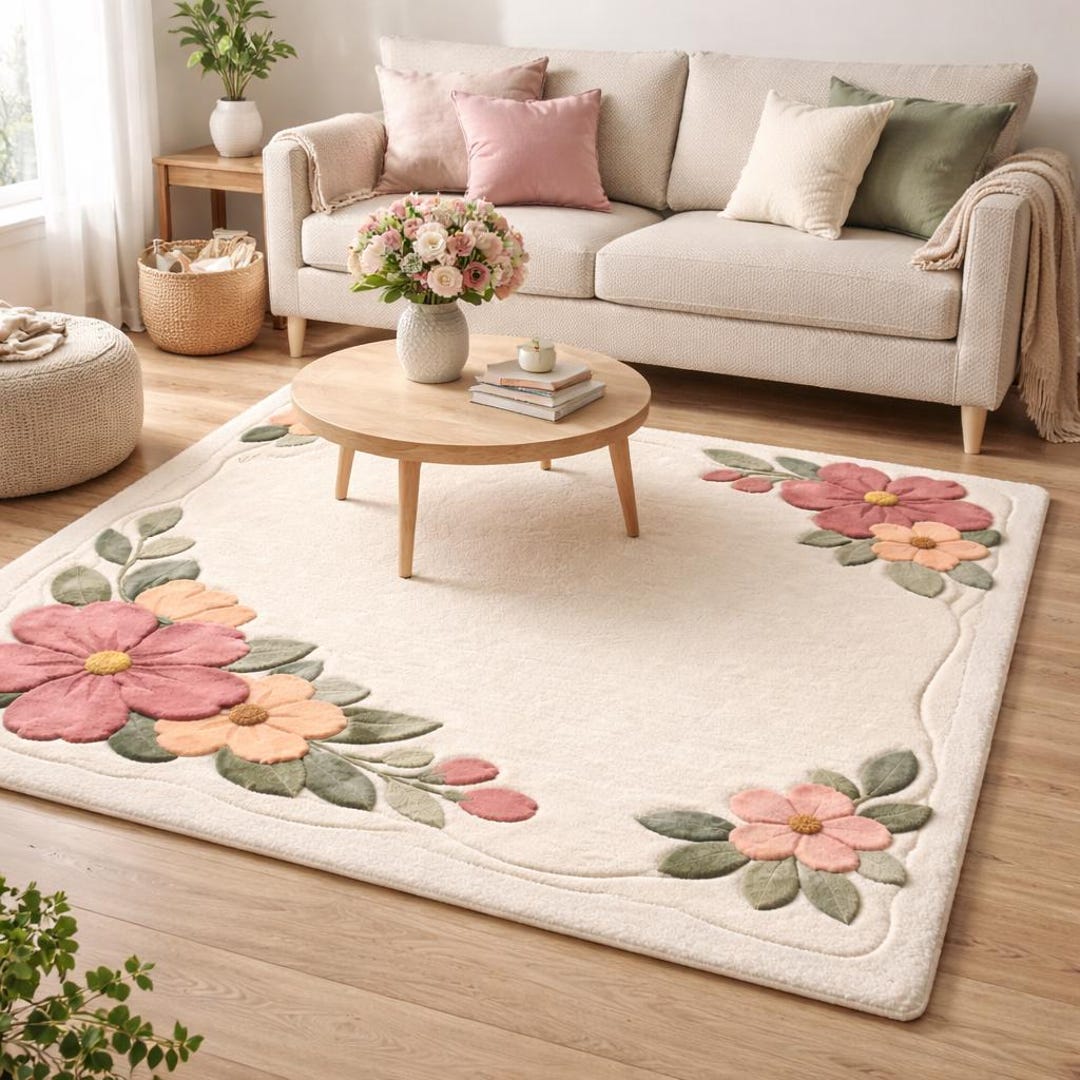 Hand Tufted Floral Rug, Sculpted Border, Pastel Flowers, Minimalist ...
