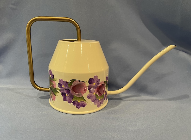 Hand Painted Ivory Enamel Watering Can: Pink Roses & Purple Hydrangeas ...