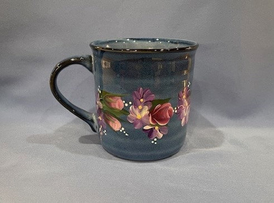 Hand Painted Blue Ceramic Mug Pink Roses Purple White Daisies Violets ...