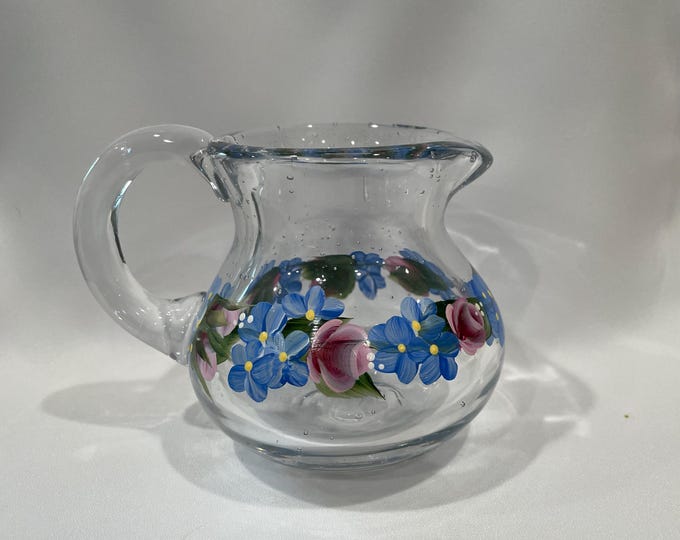 Hand Painted MIKASA Glass Pitcher Beverage Container Berry Pink Roses ...