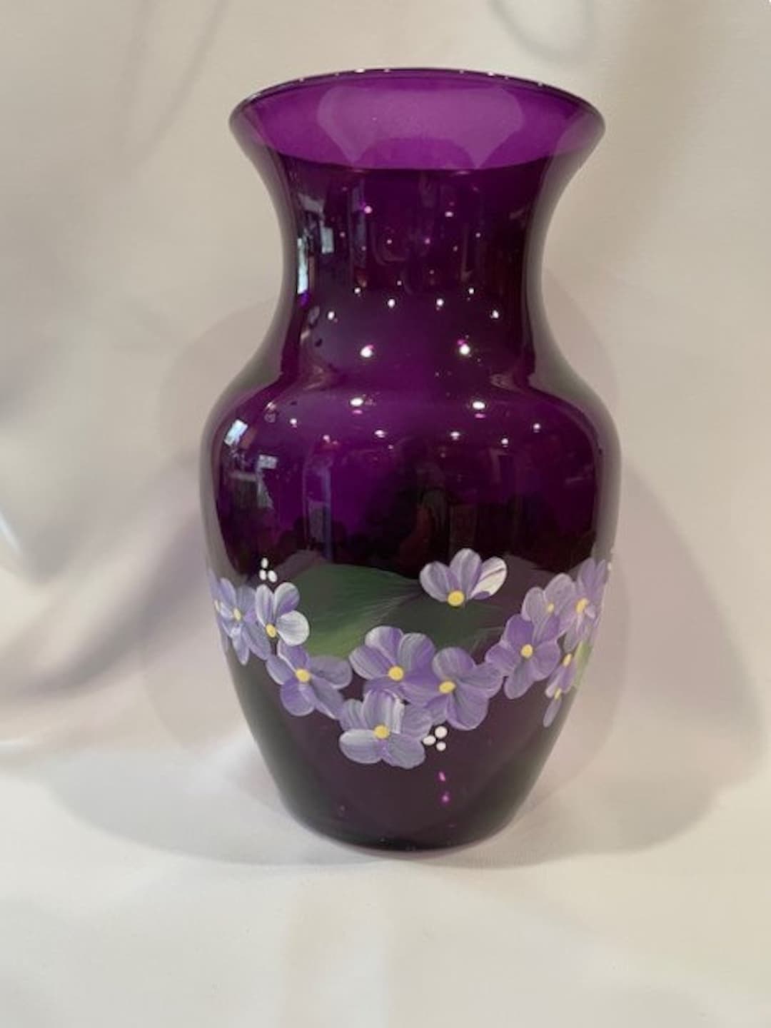 Hand Painted Dark Purple Glass Vase Purple Lavender White Flowers ...