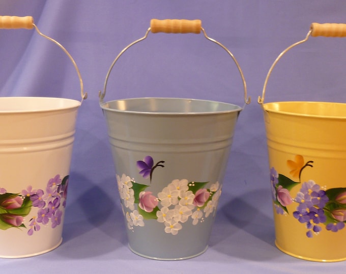 Hand Painted Metal Pail Container Choice of Color White Blue - Etsy