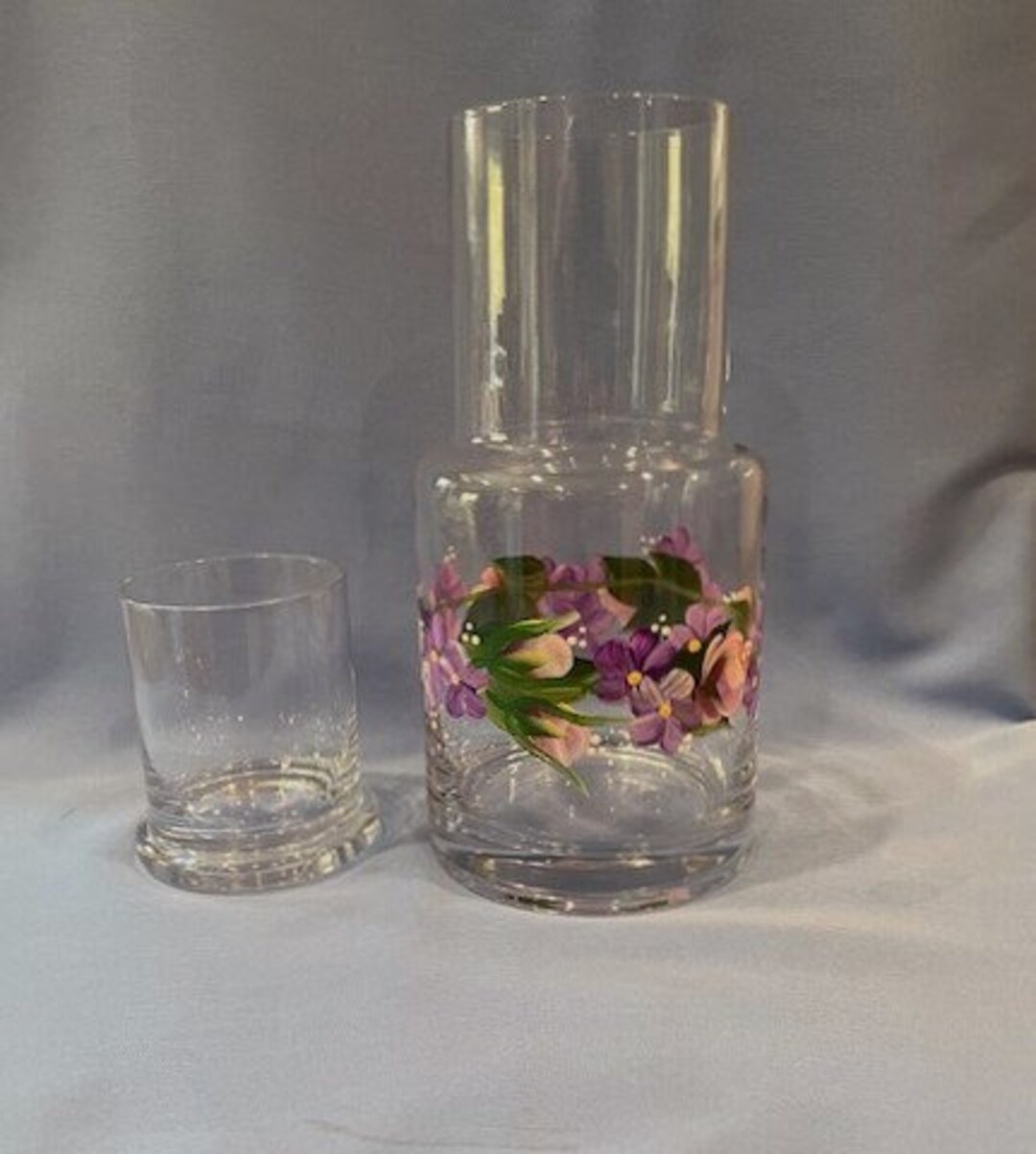 Hand Painted Glass Carafe With Cup Pink Roses Purple Flowers Hydrangeas ...