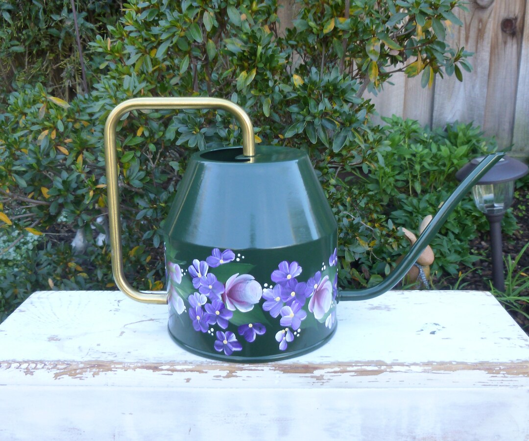 Watering Can Hand Painted Dark Green Enamel Watering Can Pink Roses ...