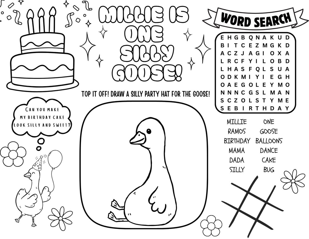 One Silly Goose Birthday Coloring Page- Custom Activity Sheet for 1st ...