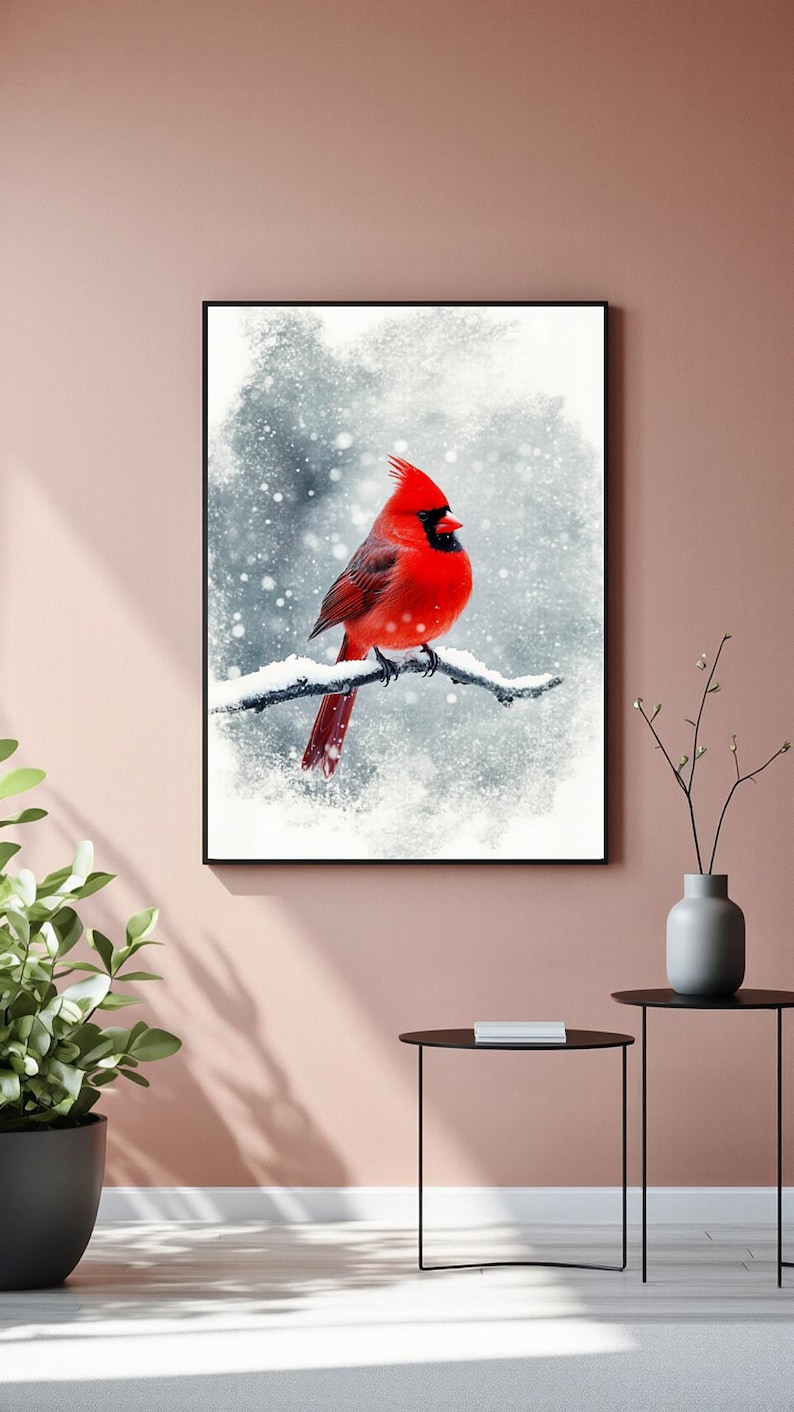 Red Cardinal on Snowy Branch — Watercolor and Digital Art Print ...