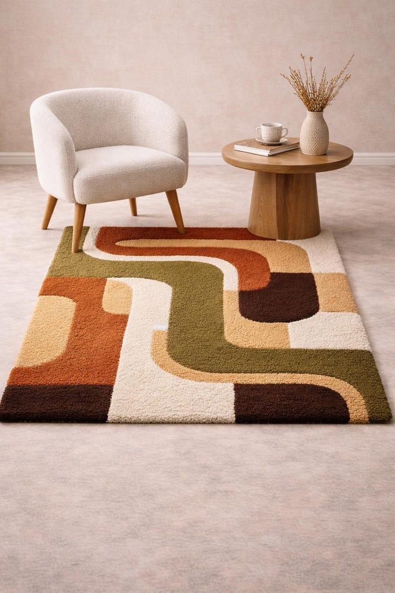 Hand Tufted Wool Rug: 70s Retro Abstract, Earthy Green - Etsy