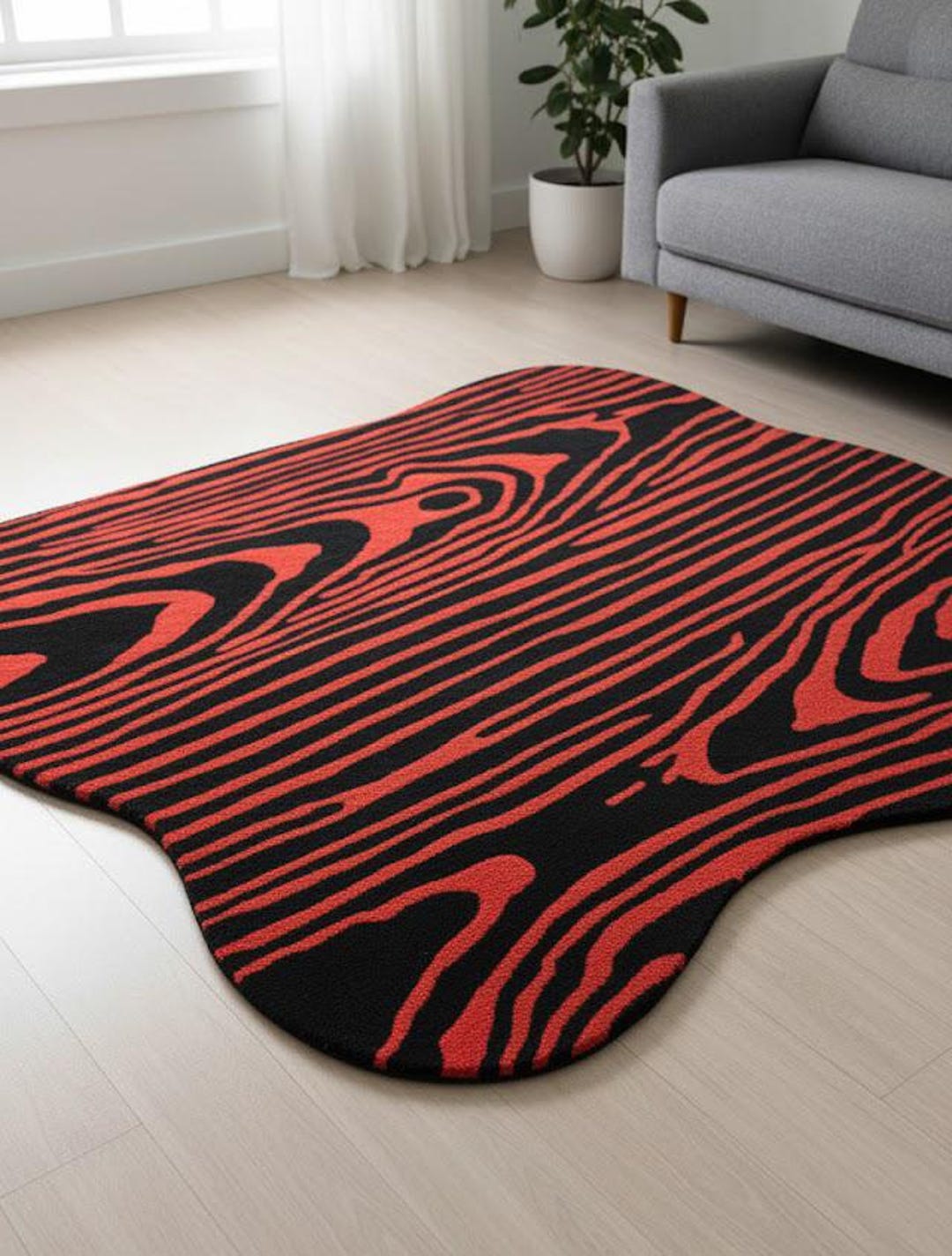 Hand-tufted Irregular Shape Rug | Bold Black - Red Woodgrain Wave ...