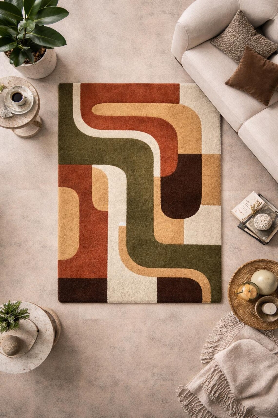 Hand Tufted Wool Rug: 70s Retro Abstract, Earthy Green - Etsy