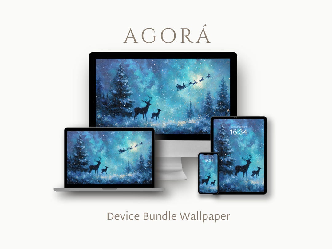 Christmas DIGITAL WALLPAPER SET, Deer in Winter Forest Wallpaper ...