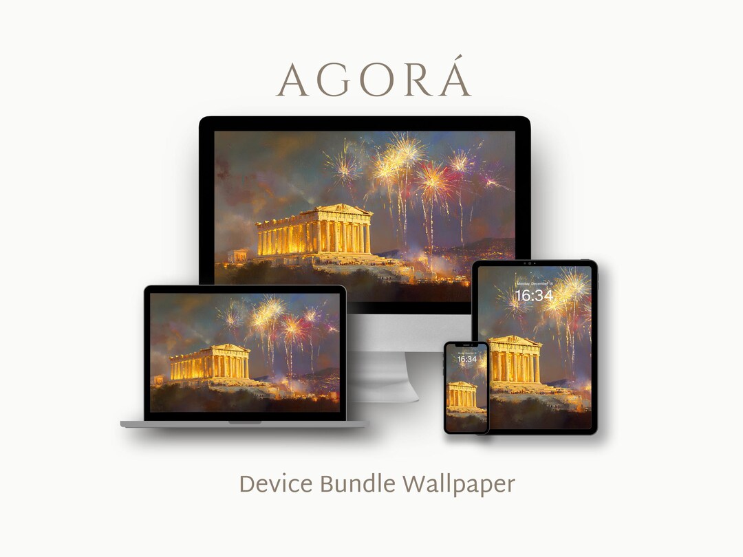 New Year's Eve DIGITAL WALLPAPER SET, Fireworks Over the Parthenon Art ...