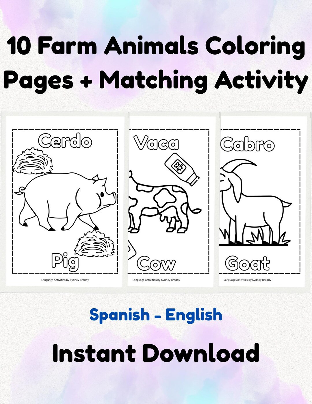 Bilingual Farm Animals Coloring Pages + Matching Activity | Fun Spanish ...
