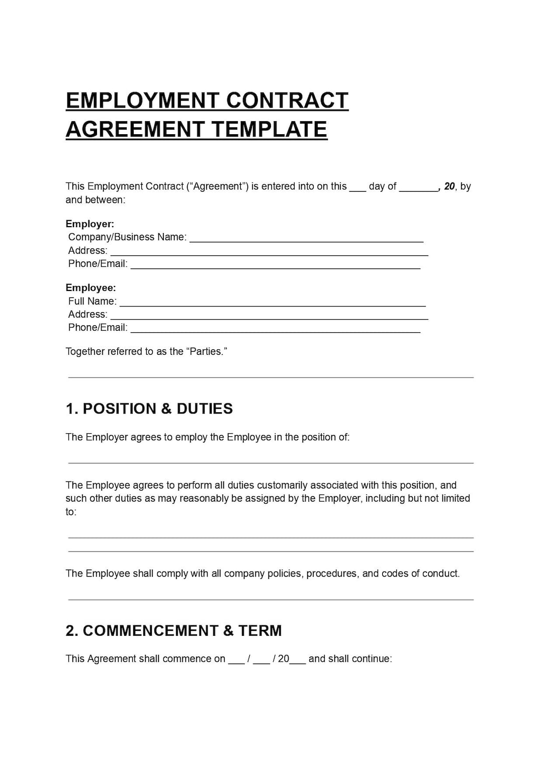Editable Employment Contract Template: PDF & DOC for Business HR - Etsy