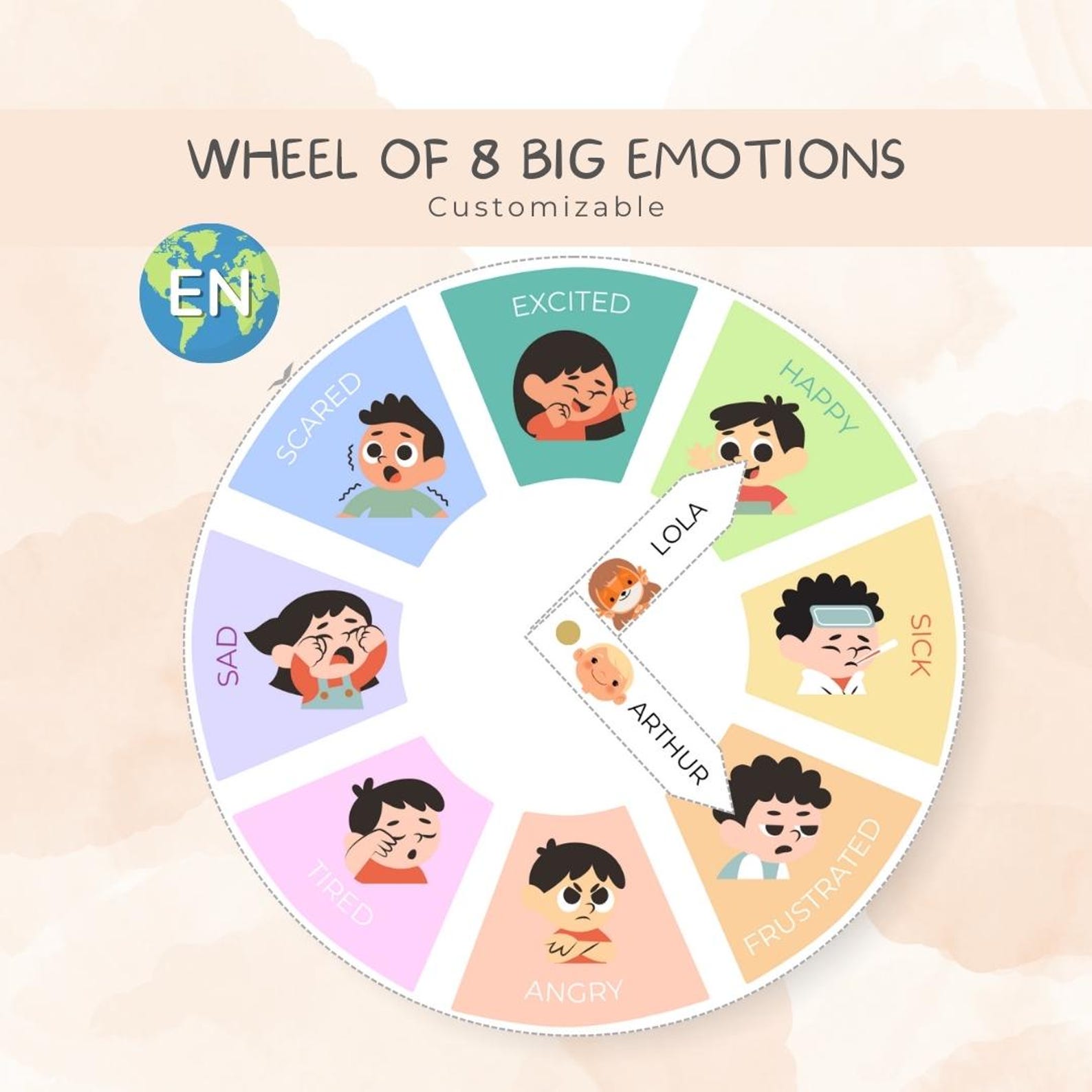 Printable Pastel Feelings Wheel for Kids – Customizable Emotion Chart ...