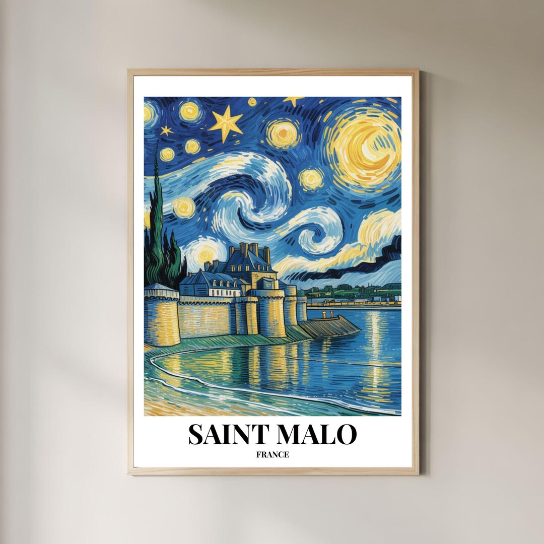 Saint Malo France Travel Poster Walled City Seaside Illustration Starry ...