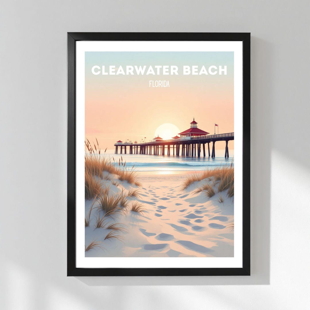Clearwater Beach Poster Florida Retro Sunset Travel Art Print USA Ocean ...
