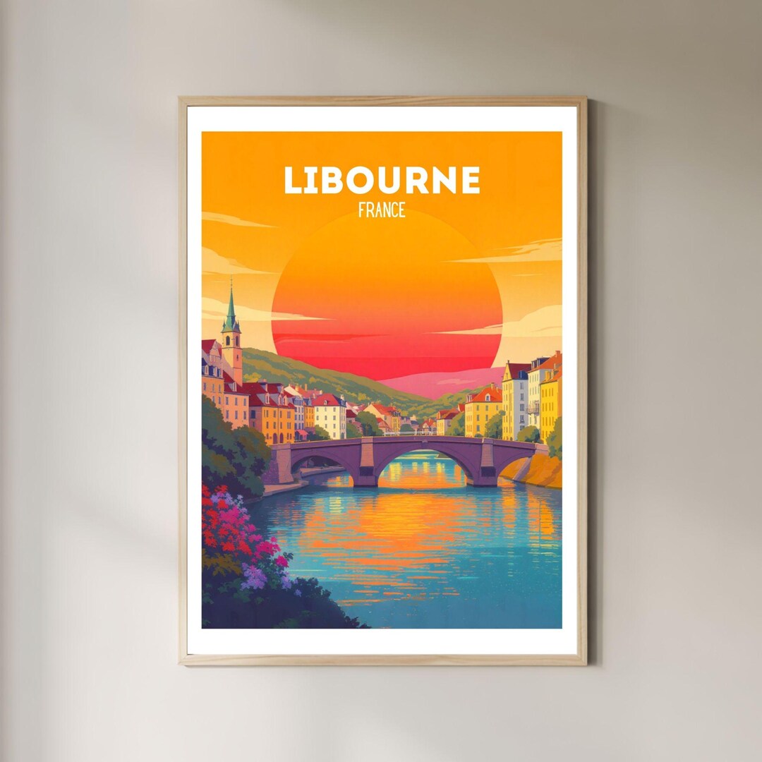 Libourne Travel Poster River Bridge City Illustration - Etsy