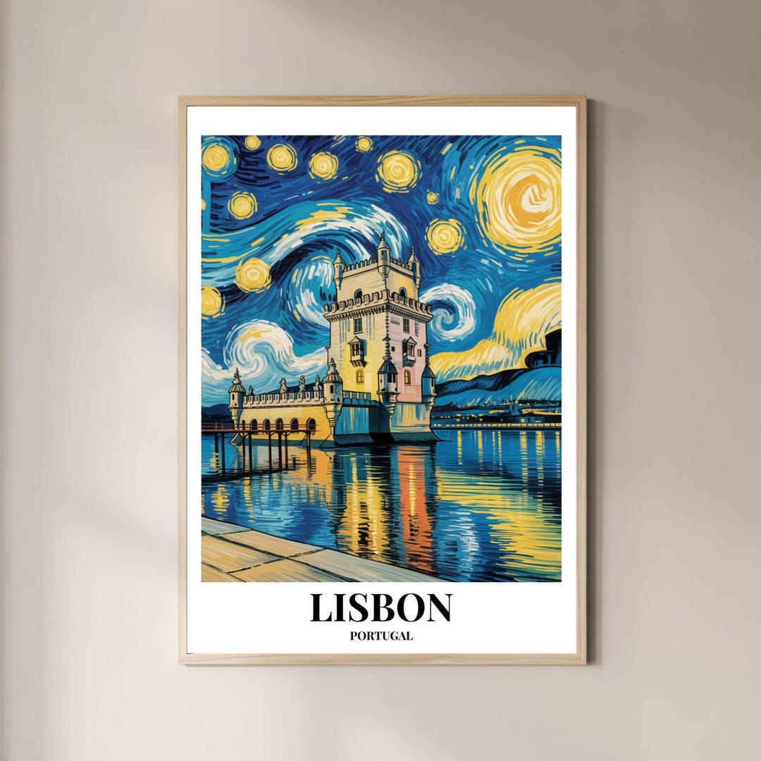 Lisbon Travel Poster Belem Tower Waterfront Illustration Starry Night ...