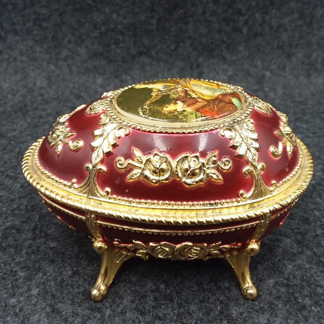 Vintage Sankyo Red Gold Tone Enamel Footed Egg Shape Trinket Music Box ...