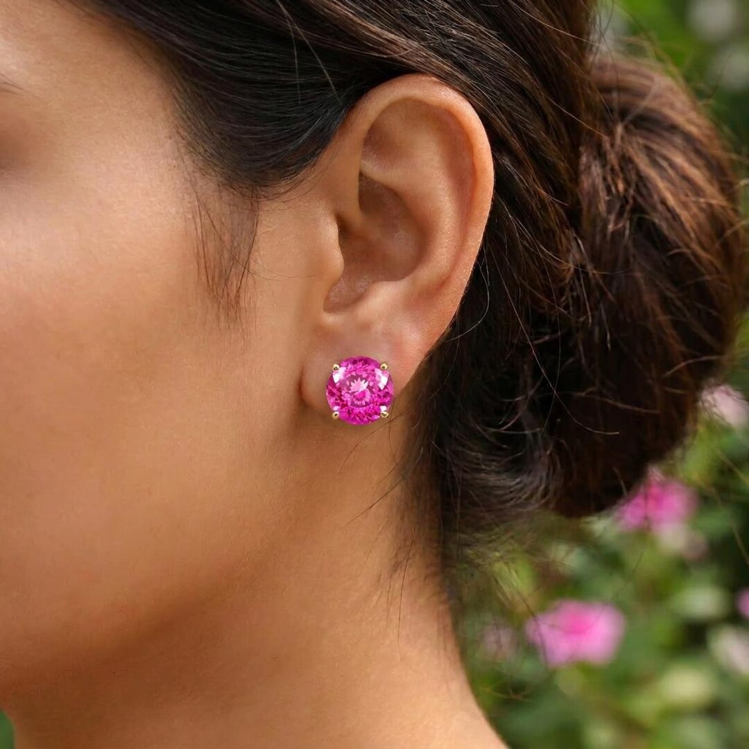 Natural Pink Sapphire Hoop Earrings: Round Brilliant Cut, 10x10 MM ...