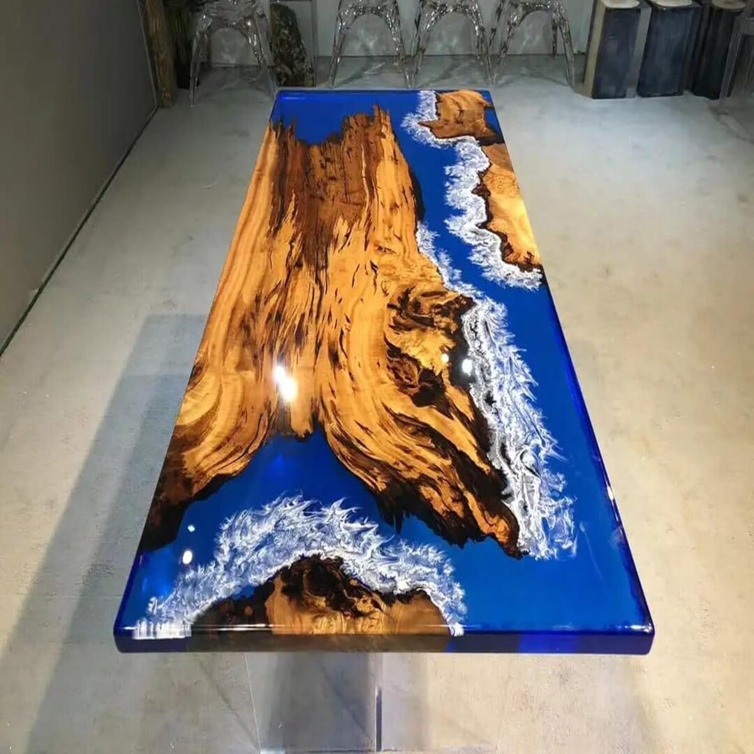 Handmade Teal Blue Ocean River Epoxy Table – Live Edge Wood - Etsy