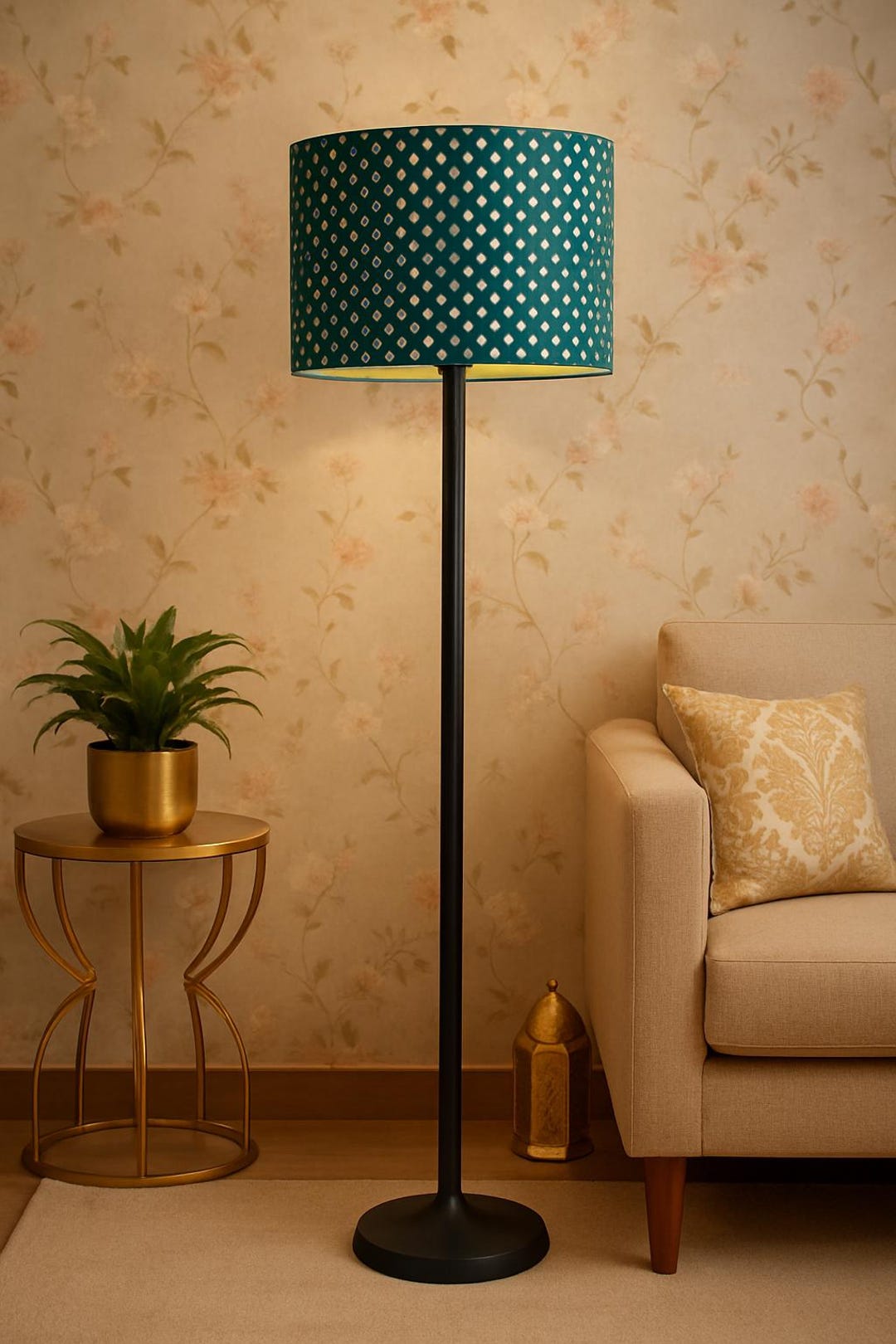 Stylish and Modern Black Floor Lamp With Teal Floral Shade | Tall ...