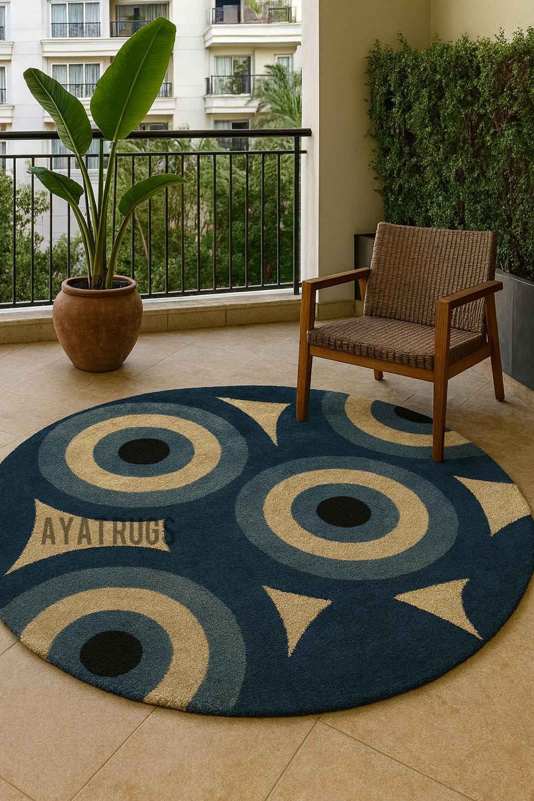 Modern Geometric Round Rug | Luxury Hand-tufted Carpet | Blue & Beige ...