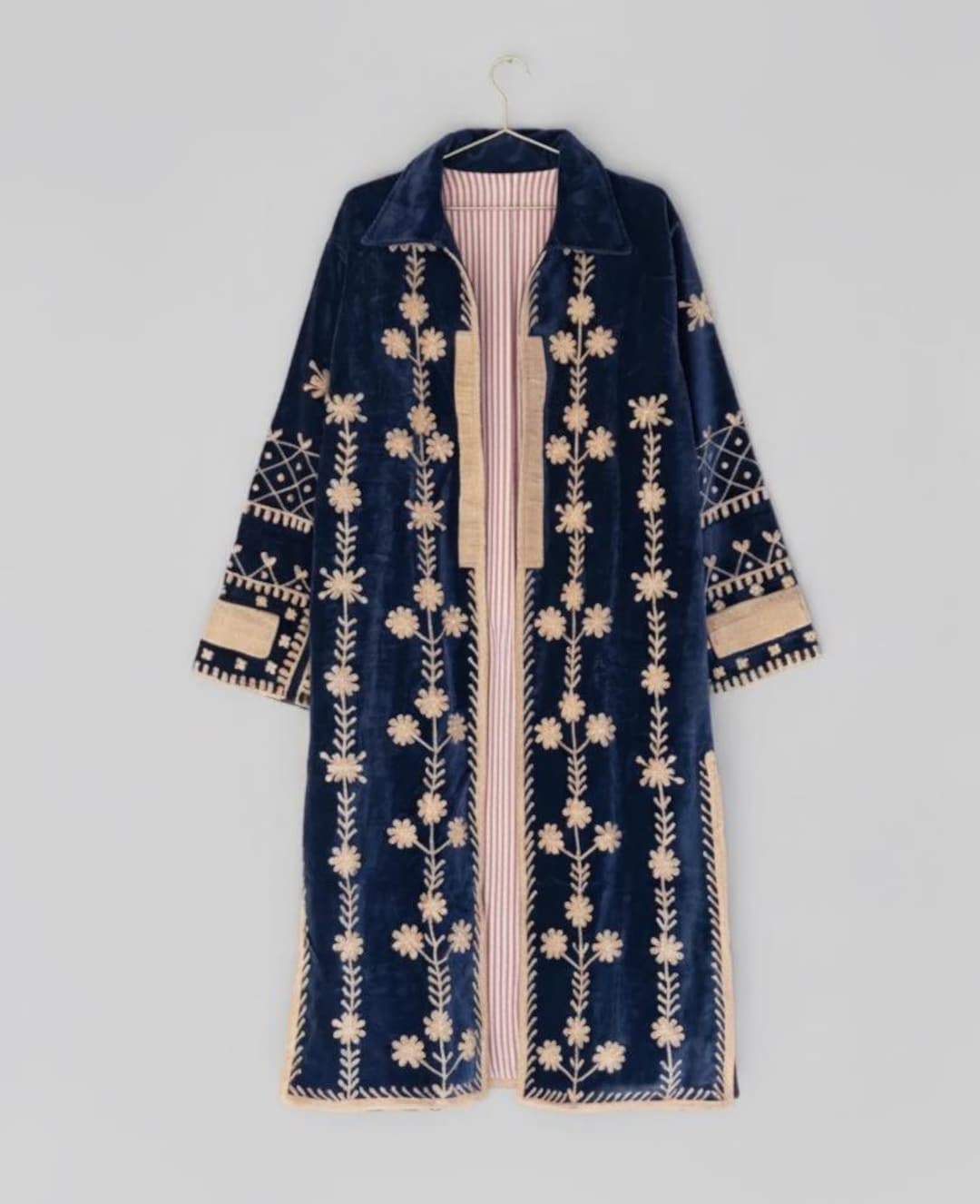 Navy Blue Long Line Velvet Dress Coat for Women , Embroidered Boho Chic ...
