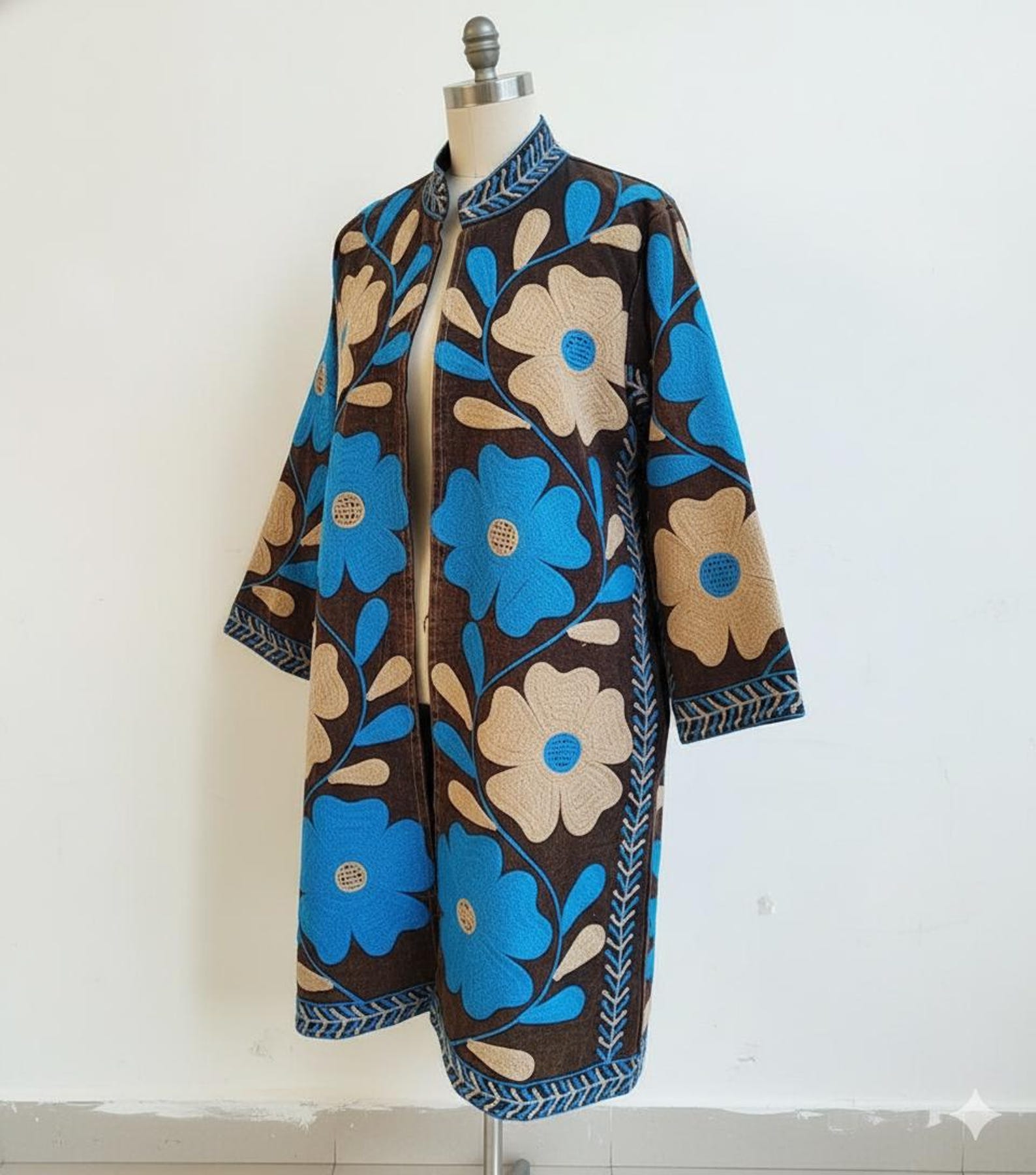 Embroidered Bohemian Long Coat | Artisan Folk Art Floral Jacket | Blue ...