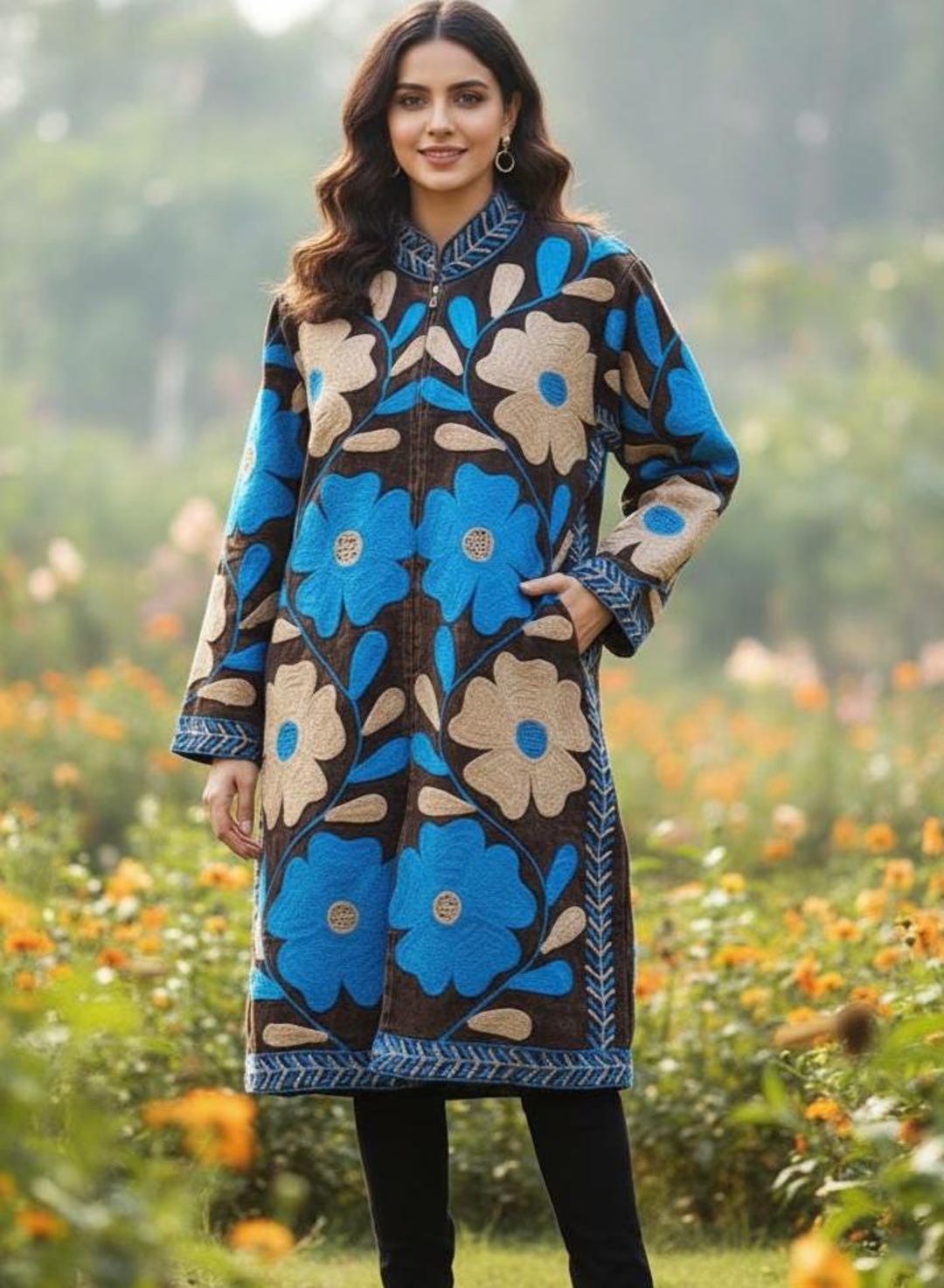 Embroidered Bohemian Long Coat | Artisan Folk Art Floral Jacket | Blue ...