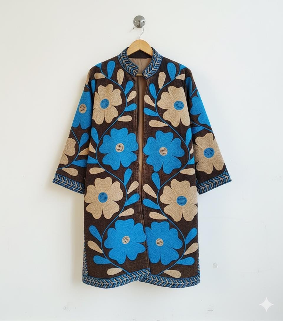 Embroidered Bohemian Long Coat | Artisan Folk Art Floral Jacket | Blue ...
