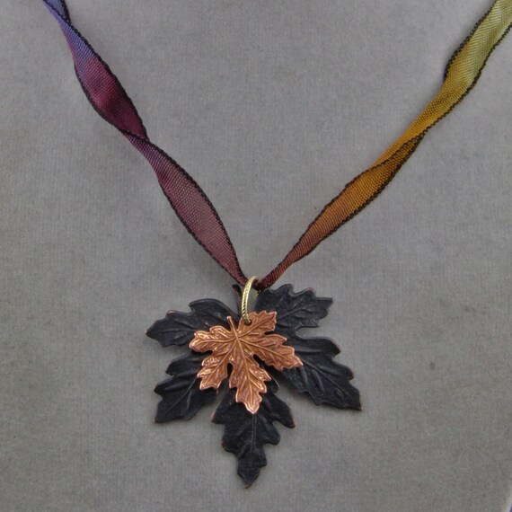 Boho Fall Leaves on Ribbon and Chain Necklace Art Jewelry | Etsy