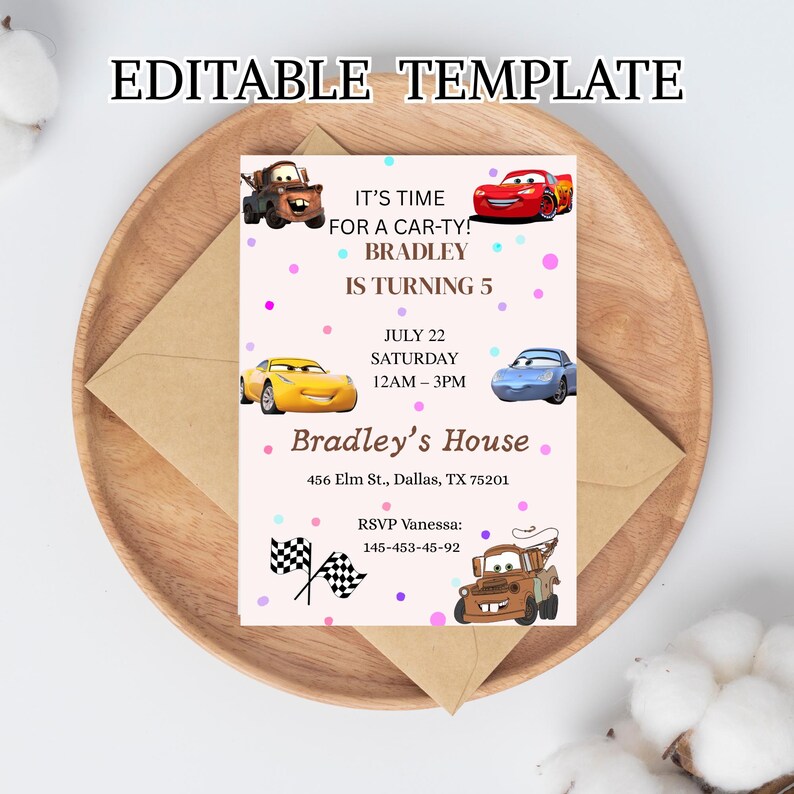 Cars Birthday Invitation | Lightning Mcqueen Party, Editable Template ...