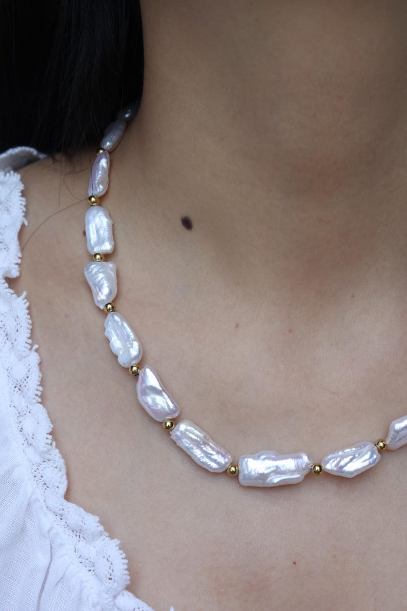Baroque Pearl Necklace, Chunky Freshwater Pearl Necklace, Gold Pearl ...