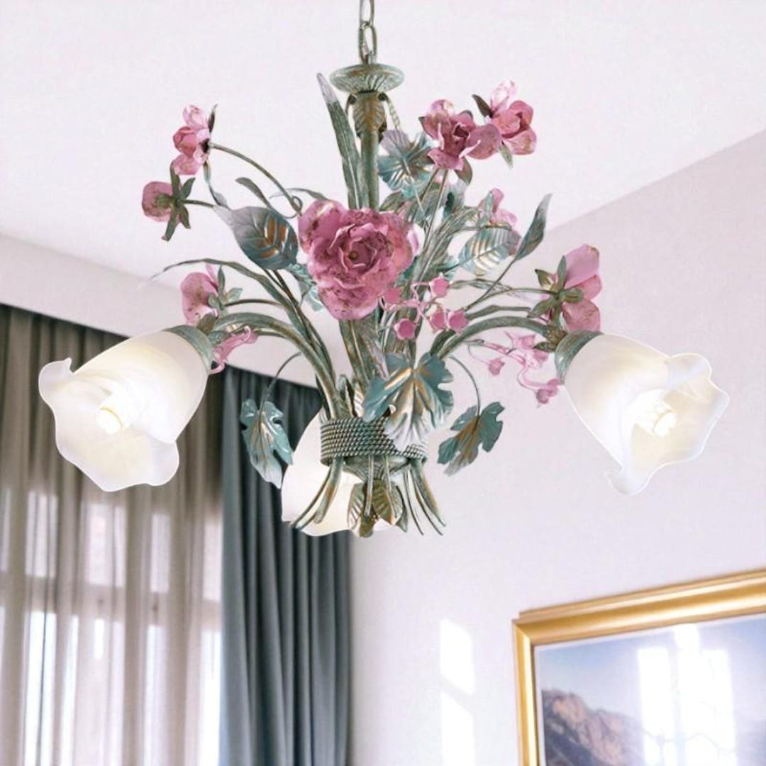 Vintage Floral Chandelier: Shabby Chic Cottagecore Pink Flower Ceiling ...