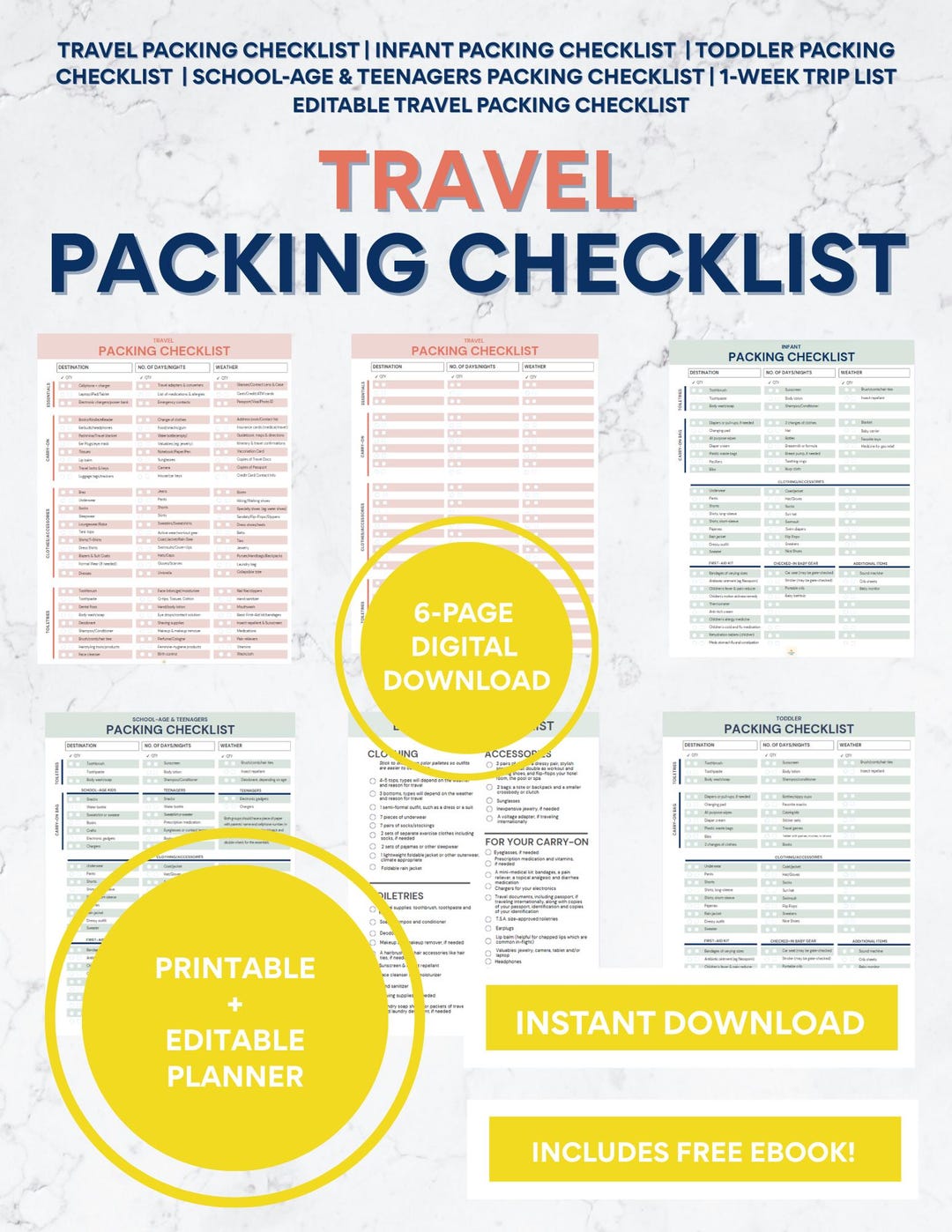 Travel Packing List PDF (6 Pages + FREE Packing Ebook) | Editable ...