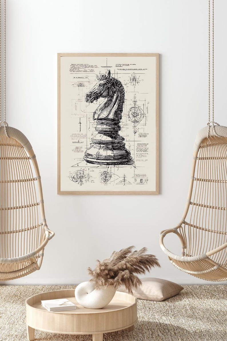 Chess Knight Blueprint Art | Da Vinci Style Vector Drawing | Black ...
