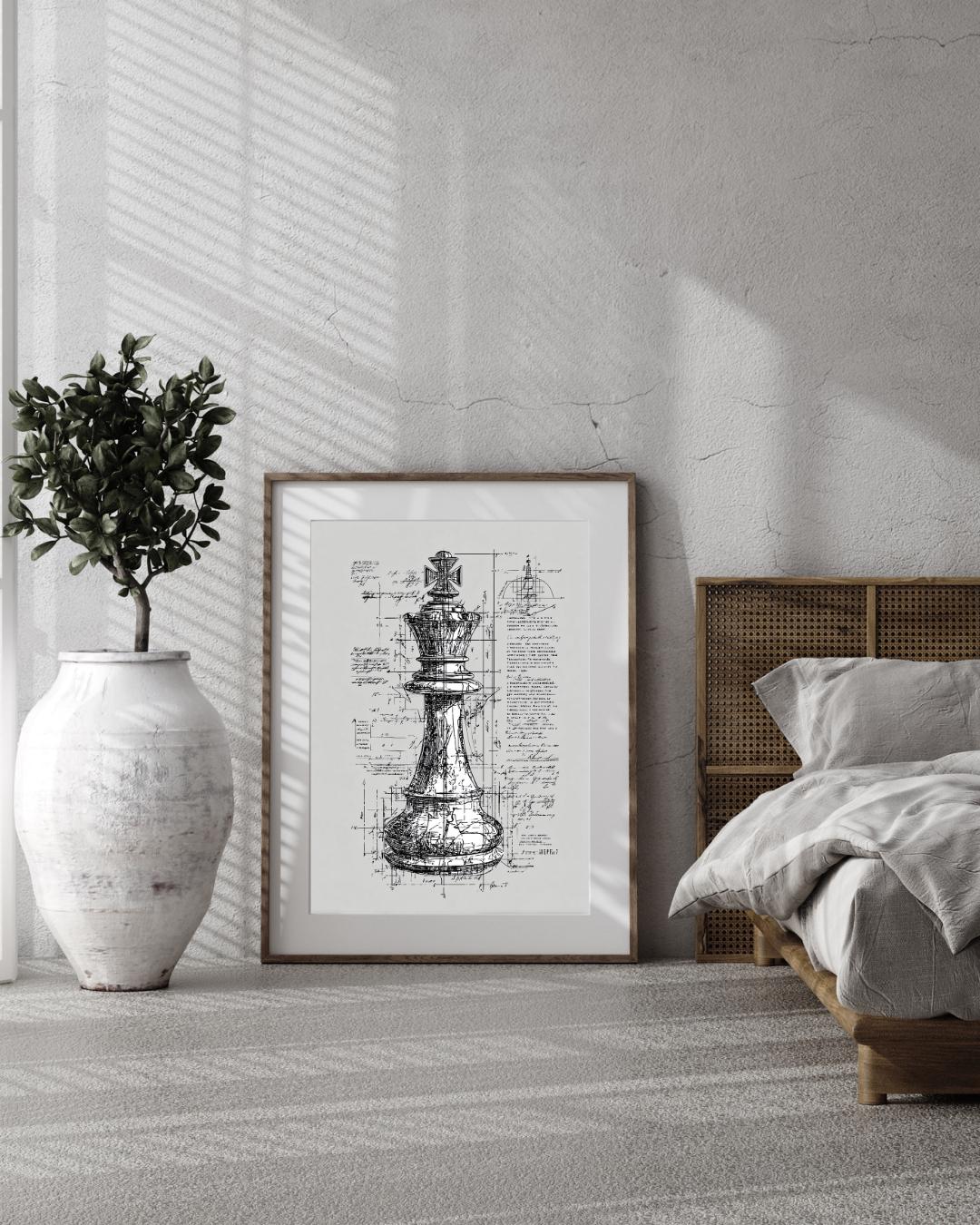 Chess Queen Blueprint Art | Da Vinci Style Black & White Vector Drawing ...