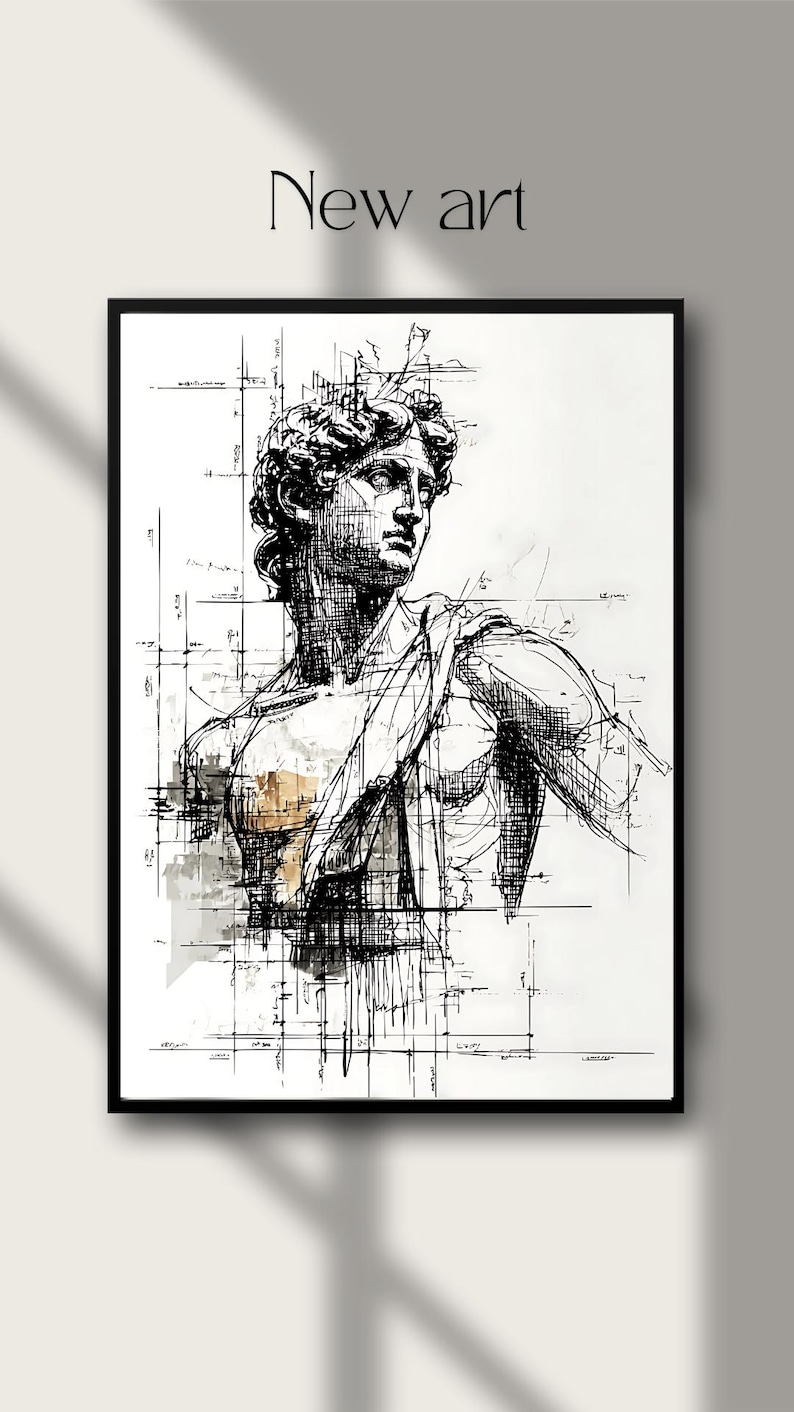 Michelangelo’s David Blueprint Art | Fine Line Sketch | Hand-drawn ...