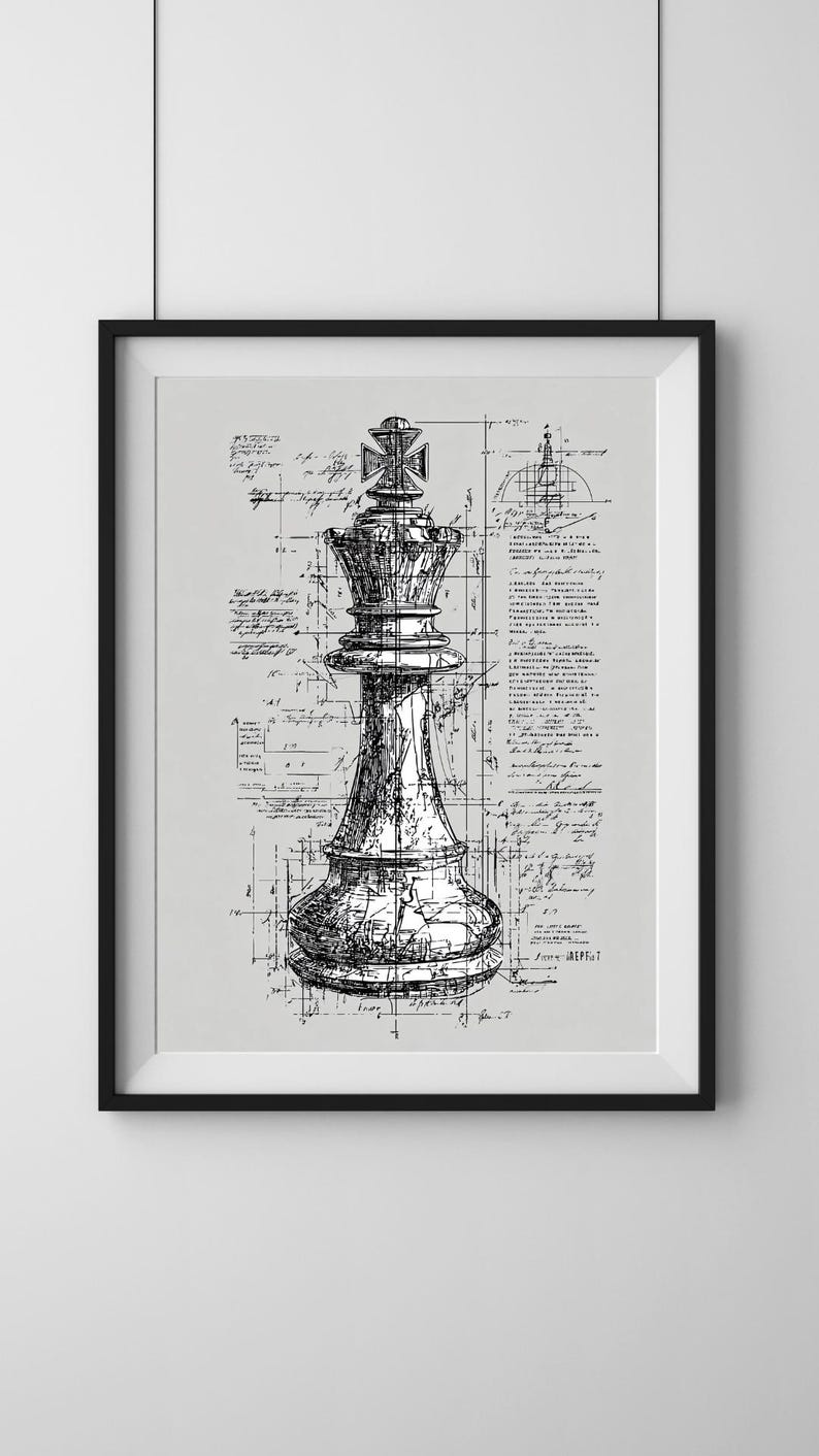 Chess Queen Blueprint Art | Da Vinci Style Black & White Vector Drawing ...