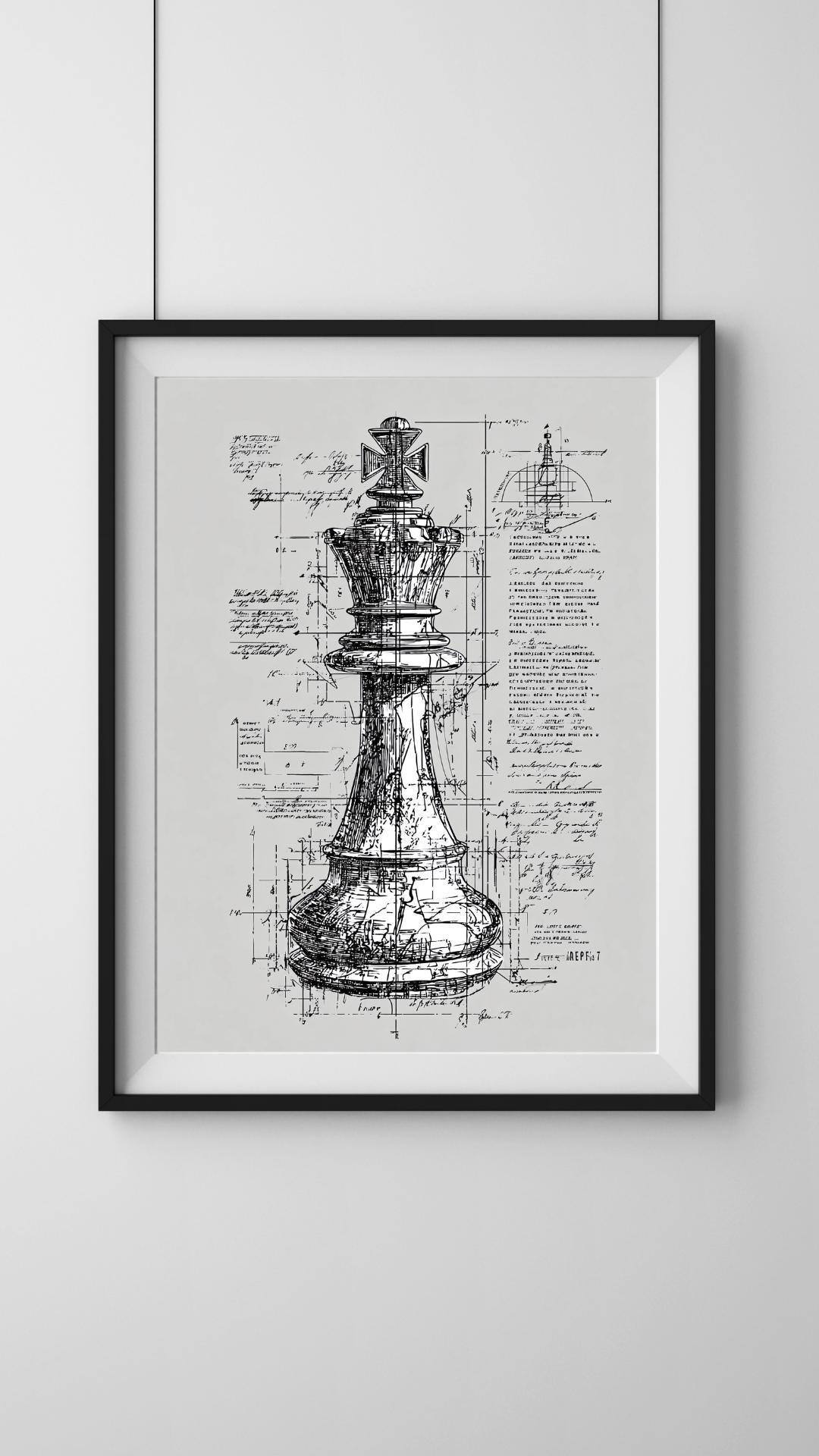 Chess Queen Blueprint Art | Da Vinci Style Black & White Vector Drawing ...