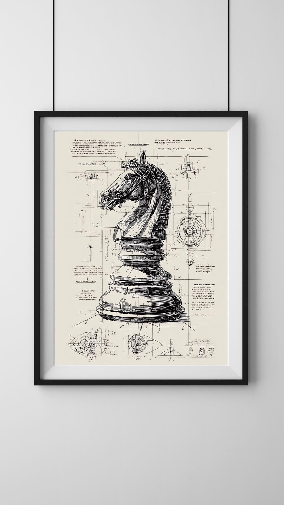 Chess Knight Blueprint Art | Da Vinci Style Vector Drawing | Black ...