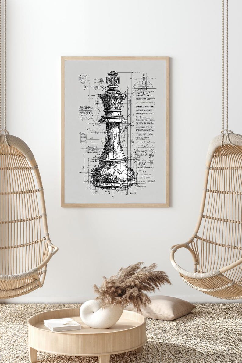Chess Queen Blueprint Art | Da Vinci Style Black & White Vector Drawing ...