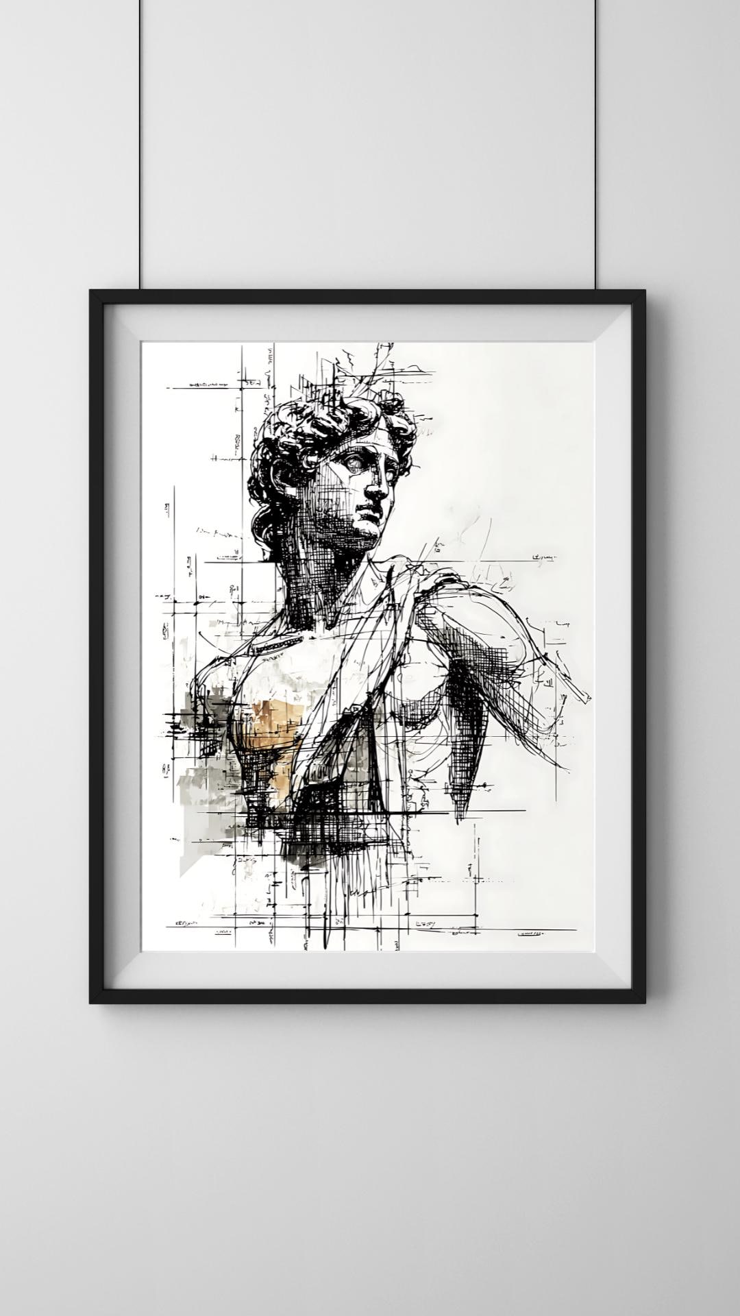 Michelangelo’s David Blueprint Art | Fine Line Sketch | Hand-drawn ...