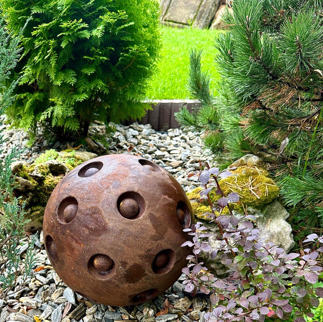 14" Rusty Metal Garden Sphere, Weathered Corten Steel Sculpture - Etsy